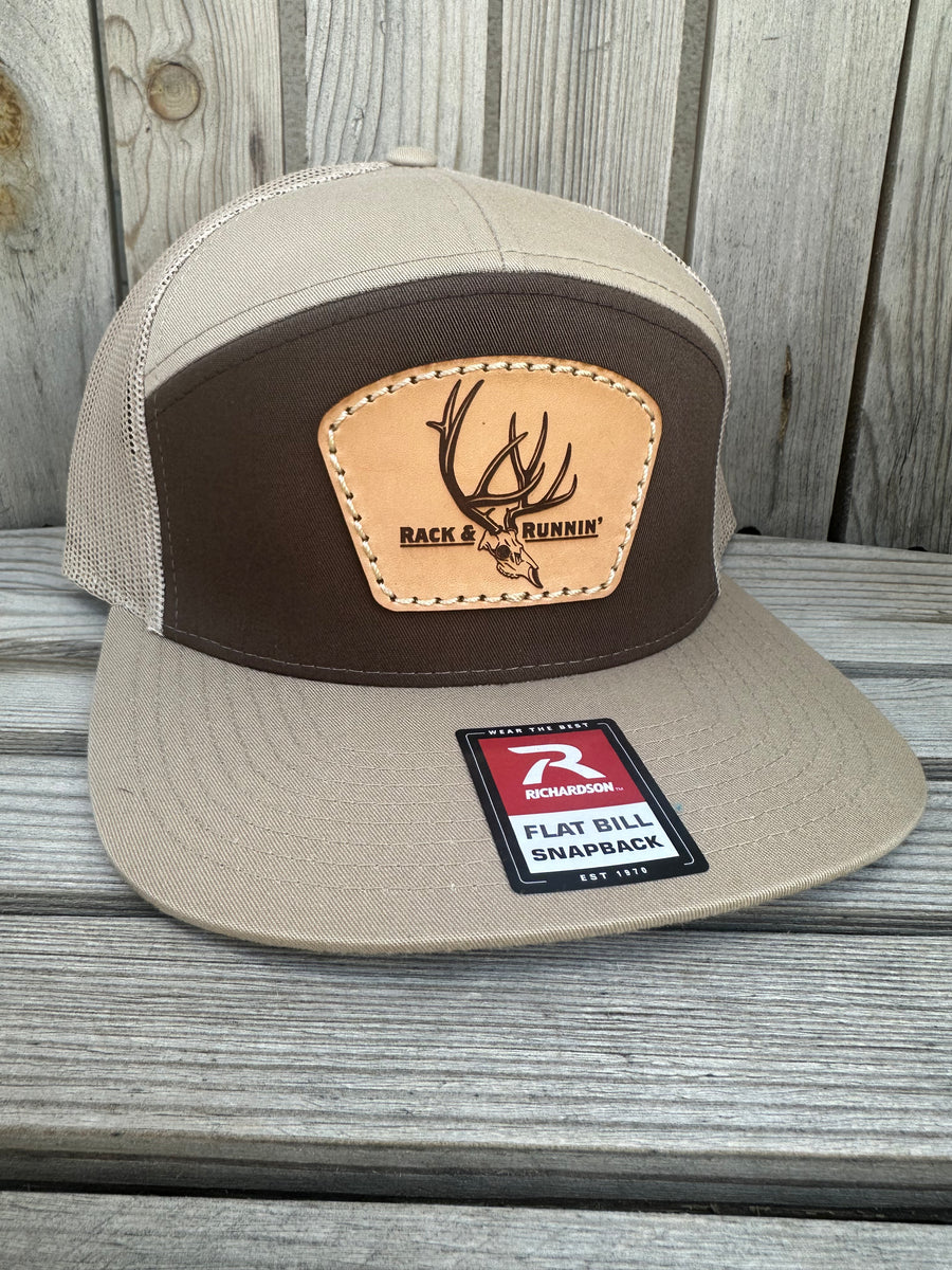 Jax Brown and Tan- 7 panel leather patch hat – Rack and Runnin Customs